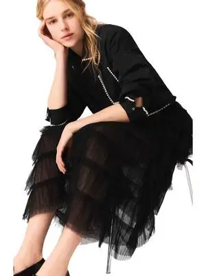 Maje Tulle Midi Skirt - Black