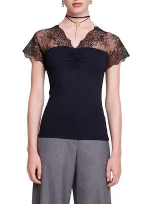 Maje Jersey Top With Lace - Black