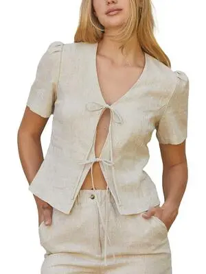 CRESCENT Tie-front Linen Top - Oatmeal