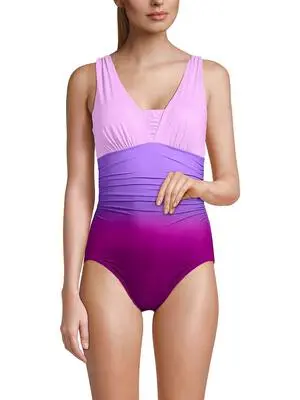 LANDS' END Slender Grecian Tummy Control One Piece Swimsuit - Crimson Rose/purple Ombre