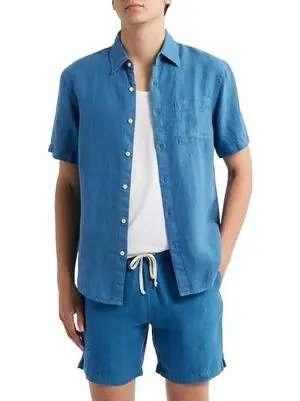 ALEX CRANE Ola Linen Short Sleeve Button-up Shirt Deepocean