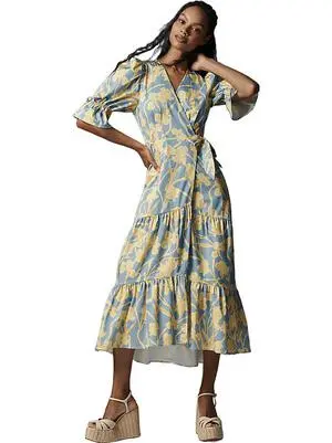 HUTCH Puff-sleeve Wrap Midi Dress - Blue Pattern