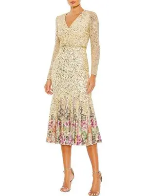 Mac Duggal Faux Wrap Tea-length Dress - Gold Multi