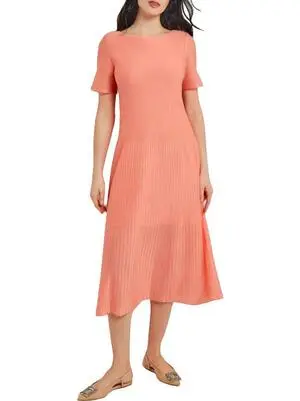 Misook Tonal Textured Stripe A-line Midi Dress - Ocean Coral