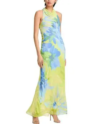Aqua Printed Chiffon Maxi Dress - Citrine