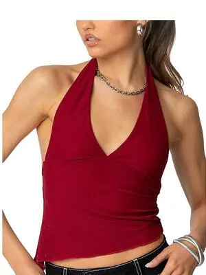 EDIKTED Rhett Asymmetric Hem Halter Top - Burgundy