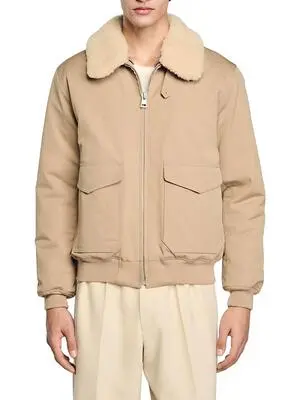 Sandro Shearling Collar Aviator Jacket Sand