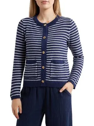BEACHLUNCHLOUNGE Beachlunchlounge Piera Stripe Cardigan White Linen/ Navy