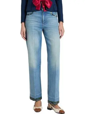 Valentino Garavani Floral Trim Straight Leg Jeans - Medium Blue Denim