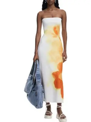 Desigual Abstract Placed Floral Strapless Maxi Dress - Light Beige