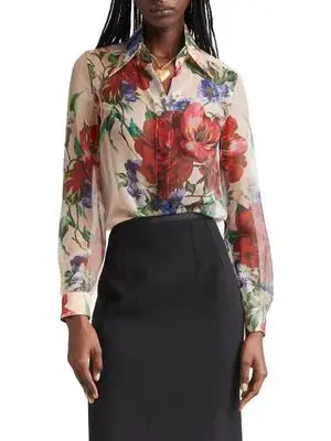 Dolce & Gabbana Floral Print Silk Chiffon Shirt - Beige Print Floral