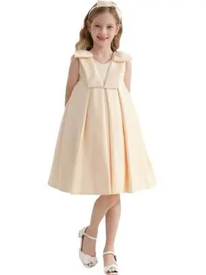 TULLEEN Palermo Satin Bow Pleated Dress - Champagne