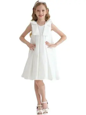 TULLEEN Palermo Satin Bow Pleated Dress - White