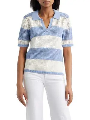 BEACHLUNCHLOUNGE Skye Stripe Crochet Polo - Perry Blue/ Ivory