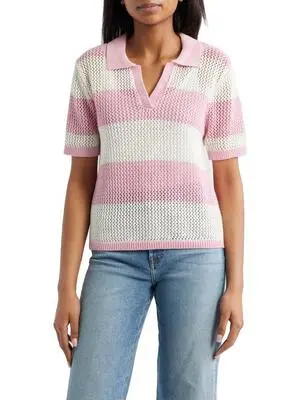 BEACHLUNCHLOUNGE Skye Stripe Crochet Polo - Pink/ Ivory