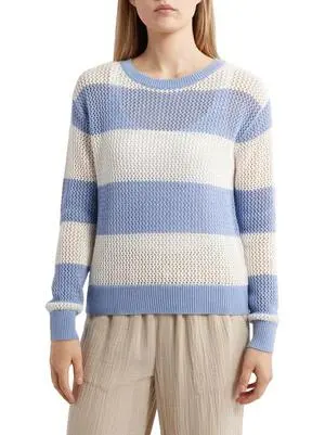 BEACHLUNCHLOUNGE Tresa Stripe Crochet Crewneck Sweater - Perry Blue/ Ivory