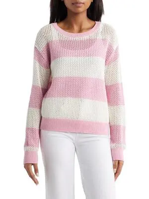 BEACHLUNCHLOUNGE Tresa Stripe Crochet Crewneck Sweater - Pink/ Ivory
