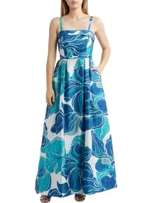 TAHARI ASL Floral Crinkled Satin Gown - Teal Navy