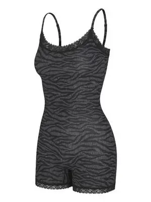 SAVAGE X FENTY Snug Hug Sleep Romper - Black Caviar Tiger Stripe Text