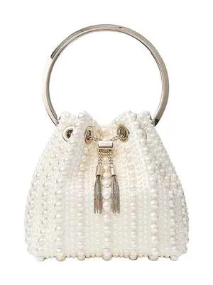 JIMMY CHOO Jimmy Choo Bon Bon Ivory Satin Pearl Bucket Bag Neutral
