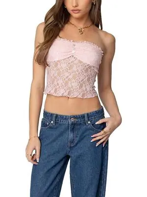 EDIKTED Odilia Sheer Lace Strapless Top - Light-pink