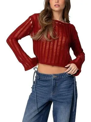 EDIKTED Sagir Sheer Ladder Knit Top - Burgundy