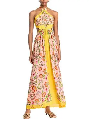 Farm Rio Beauty Scarf Maxi Halter Dress - Yellow/pink