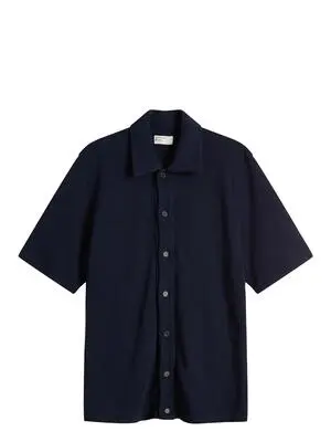 Universal Works Checkerboard Button Through Polo - Bright Navy
