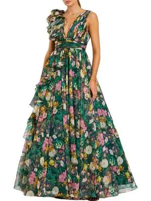 Mac Duggal Mac Duggal Ruffle Shoulder V-Neck Floral Gown Deep Green Multi