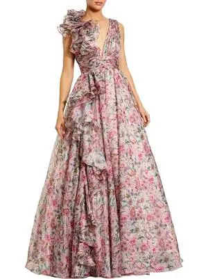 Mac Duggal Mac Duggal Ruffle Shoulder V-Neck Floral Gown Pink Multi