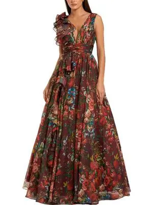 Mac Duggal Mac Duggal Ruffle Shoulder V-Neck Floral Gown Wine Multi