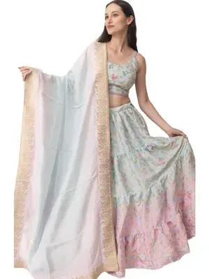 RAAS Bethany Hand Tie-dye Lehenga Choli Set - Light Blue Multi