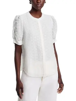 T Tahari Mandarin Collar Button Front Top White Star
