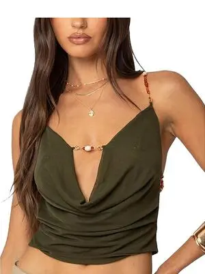 EDIKTED Beaded Cowl Neck Top - Green