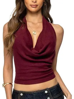 EDIKTED Kia Cowl Neck Knit Top - Burgundy