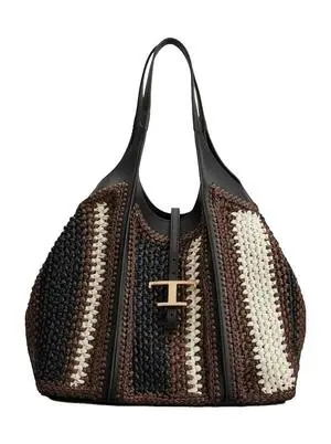 TOD'S T Timeless Crochet Raffia And Leather Medium Shopping Bag - T.moro/ Nero/ Mastice