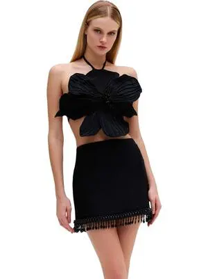 PatBO Hand-beaded Flower Halter Top - Black