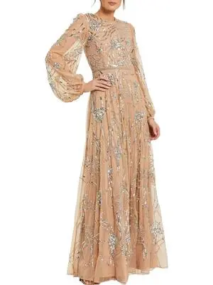 Mac Duggal Embellished High Neck Gown - Nude Silver