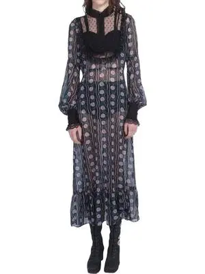 Anna Sui Rosetti Chiffon Victorian Bib Maxi Dress - Black/lilac Multi
