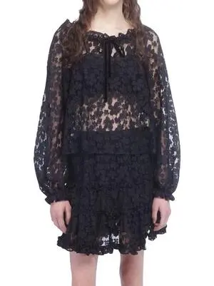 Anna Sui Shadow Blossom Tulle Lace Blouse - Black