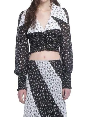 Anna Sui Ditsy Dot Chiffon Collared Smocked Top - Black/white Multi