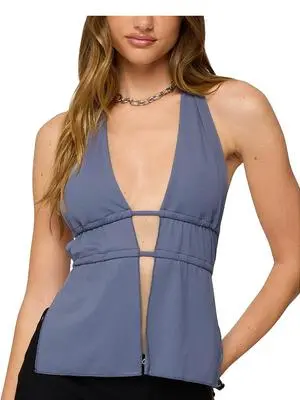 EDIKTED Nikole Split Front Backless Halter Top Blue
