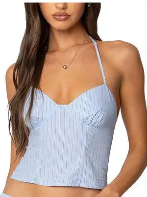 EDIKTED Pinstripe Halter Top - Blue