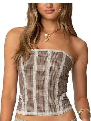 EDIKTED Houndstooth Plaid Corset - Brown