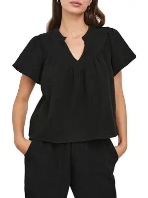 Rails Sayer Organic Cotton Gauze Split Neck Top - Black