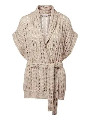 Brunello Cucinelli Silk And Linen-blend Wrap Cardigan - Beige