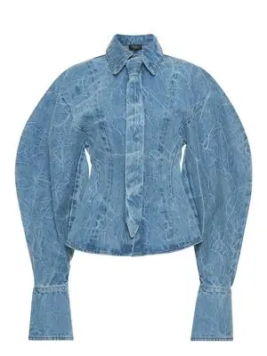A.W.A.K.E. Mode Tie-detailed Acid-washed Denim Shirt - Medium Wash