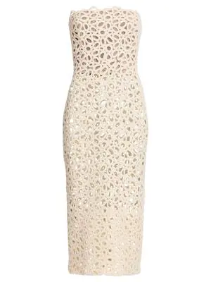Elie Saab Strapless Macrame Midi Dress - White