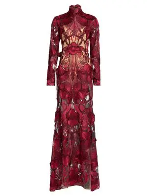Elie Saab Embroidered Tulle Gown - Burgundy