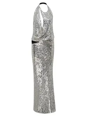 ILA Silver Lone Cutout Sequined Maxi Halter Dress